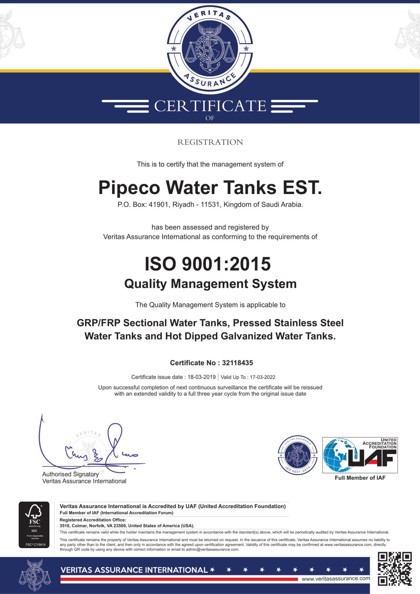 Pipeco GRP Water Tanks Saudi Arabia Certification | Pipeco Tanks in KSA